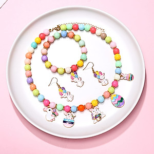 Rainbow Beads Bunny Egg Pendant Necklace and Bracelet for Women Girls, Colorful Beaded Stretch Bracelet, Cute Enamel Rabbit Drop Earrings, Little Girls Jewelry Sets, Holiday Favors Gift for Girls,