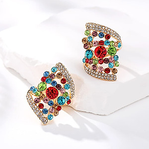 18K Gold Plated Iridescent Multi Color Gemstone Crystal Geometric Elastic Adjustable Stretchy Statement Rings for Women Cocktail Costume Jewelry