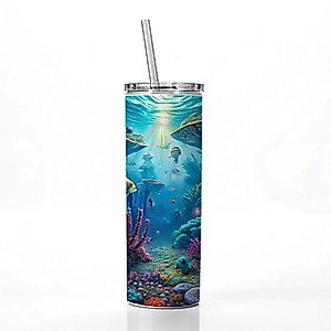 Psychedelic Underwater Ocean Scene Skinny Tumbler 20oz with Straw Insulated Water Bottle Gift