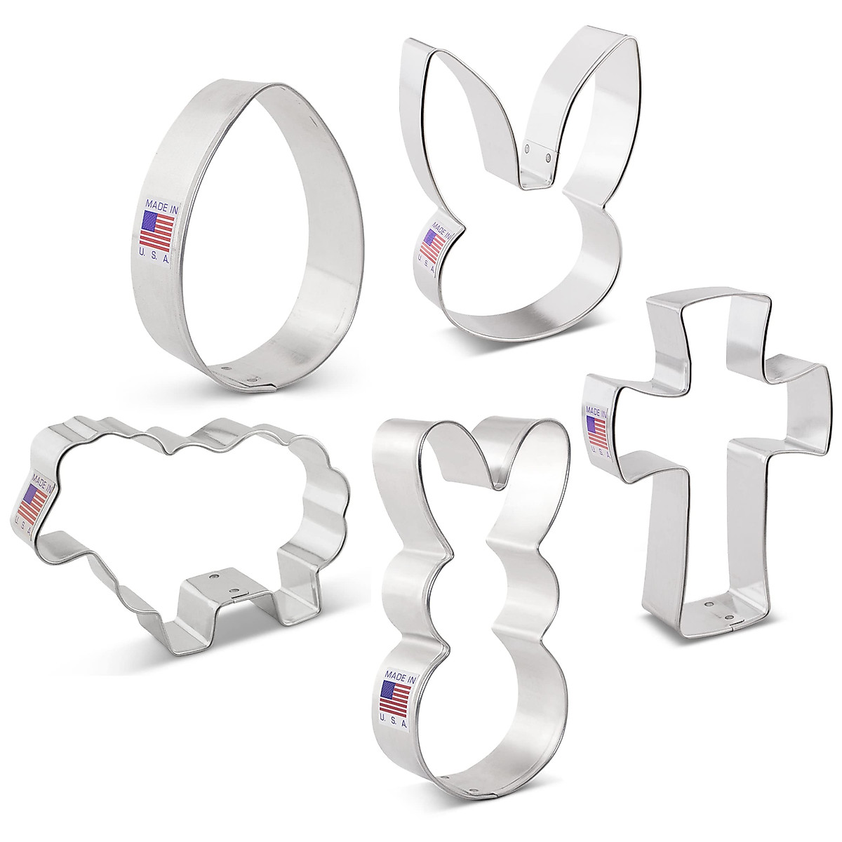 Easter Cookie Cutters 5-Pc. Set Made in USA by Ann Clark, Easter Egg, Easter Bunny, Bunny Face, Holy Cross, Lamb