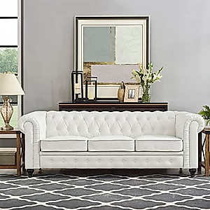 Naomi Home Emery Chesterfield Sofa with Rolled Arms, Tufted Cushions / 3 Seater Sectional Sofa Couch for Small Spaces, Living Room, Bedroom, Apartment Easy Tool-Free Assembly – White