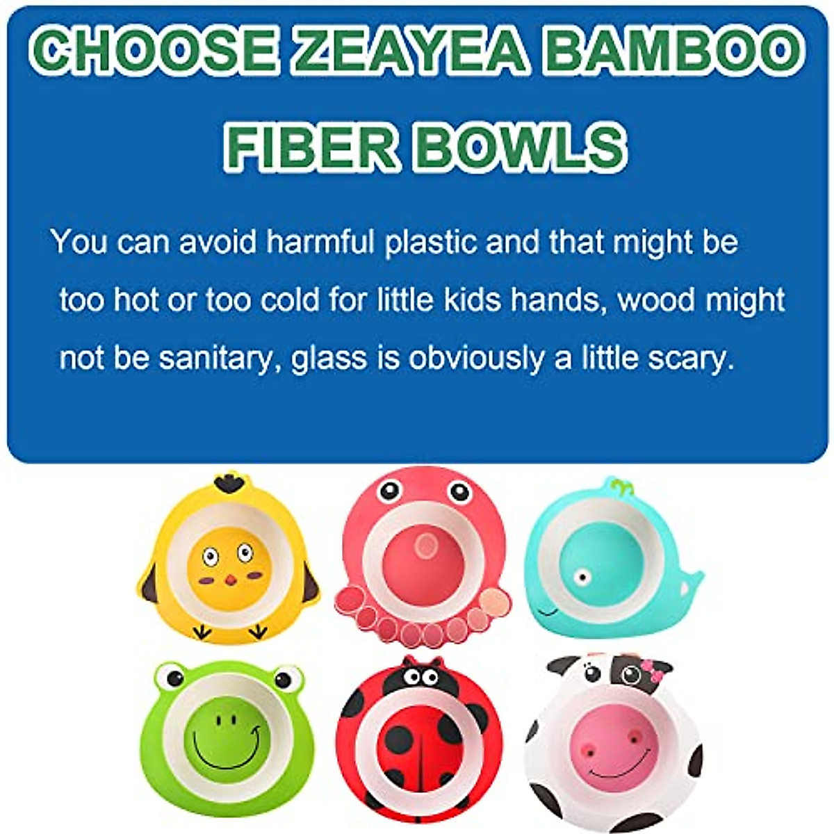 ZEAYEA 6 Pack Bamboo Kids Bowls, 12 Oz Durable Animal Shape Bowls for Kids Children, BPA Free Reusable Snack Bowl, Dinner Tableware for Serving Soup, Cereal, Pasta, Ice Cream