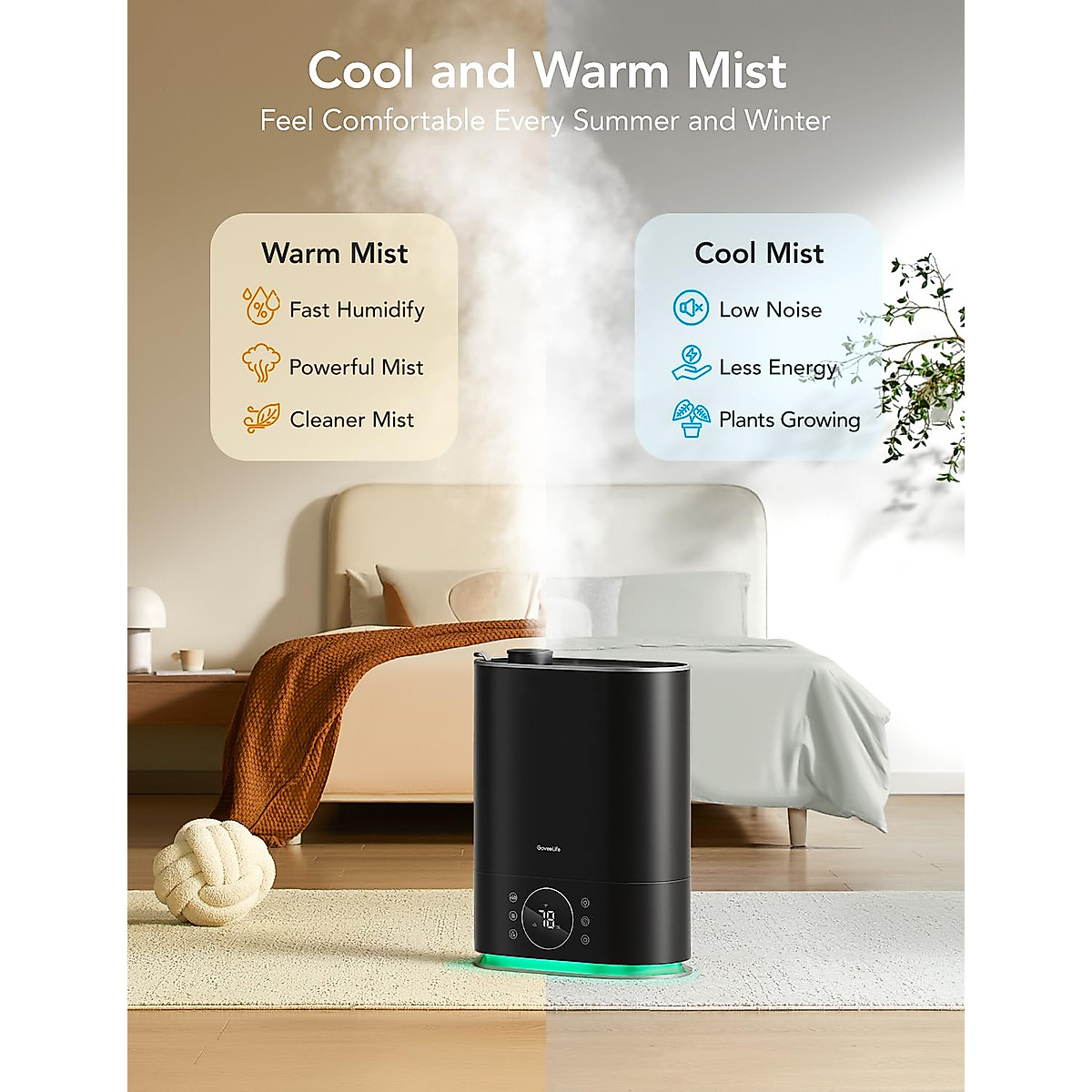 GoveeLife Smart Humidifier, Top Fill 7L Warm & Cool Mist Humidifiers for Bedroom, 70H Runtime, Auto Shut-Off, RGB Light,WiFi Air Humidifier for Large Room, Plants, Nursery Work with Alexa App Control