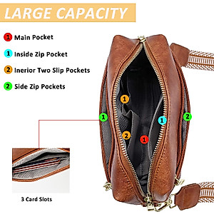 YUHAN PRETTY Small Crossbody Bags Purses for Women Triple Zip Vegan Leather Shoulder Handbags with Guitar & Leather Straps(Brown)