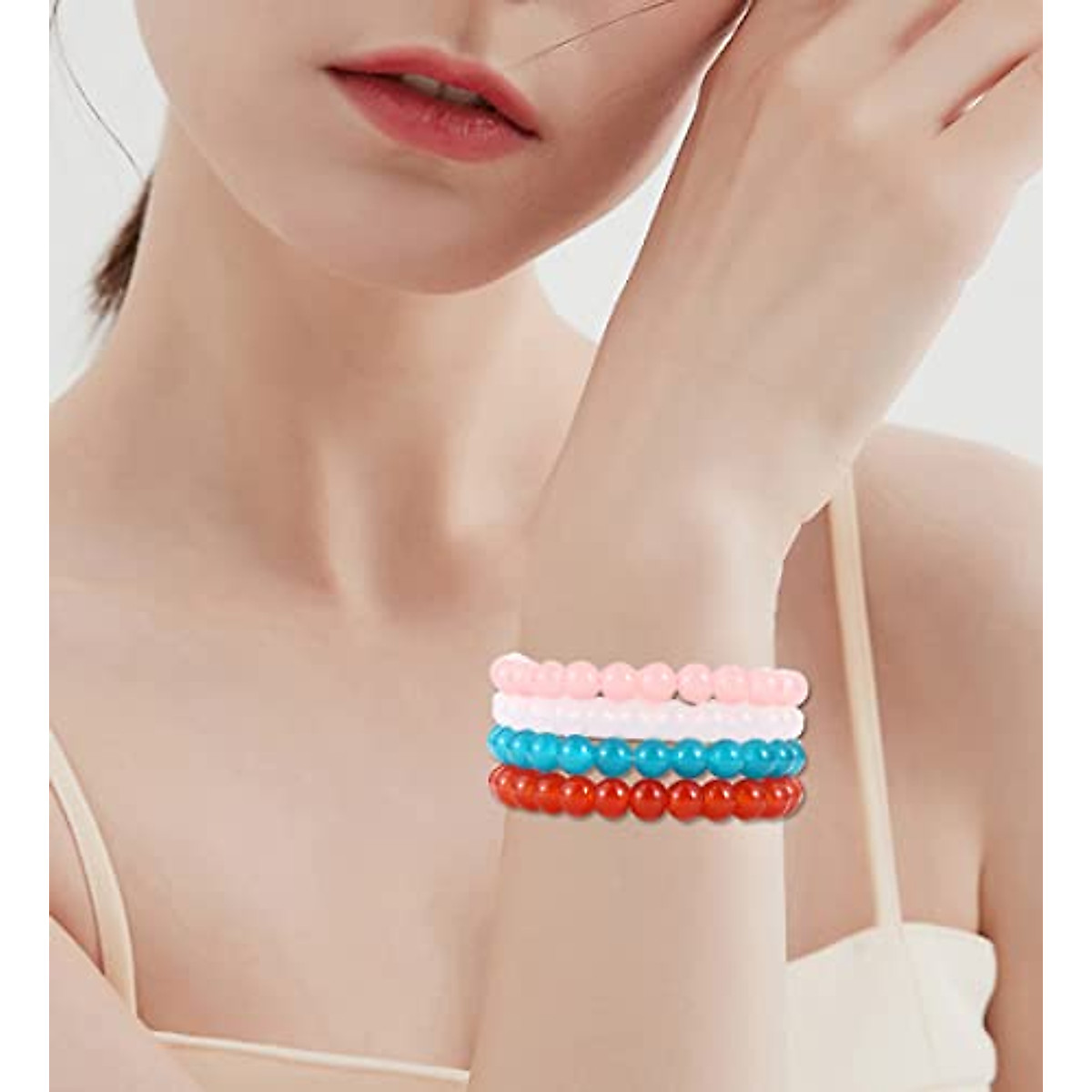 FIRAZIO 24Pcs 8mm Beaded Stretch Bracelet Handmade Glass Bracelet for Women Men Colorful Crystal Beads Bracelet Elastic Round Bead Bracelets Jewelry