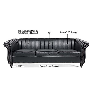 EMKK 84'' PU Leather Chesterfield Sofa Couch, 3-Seater Sofá for Living, Mid-Century Modern with Solid Wooden Frame & Padded Cushions, Apartment, Lounge Room, Black New-1