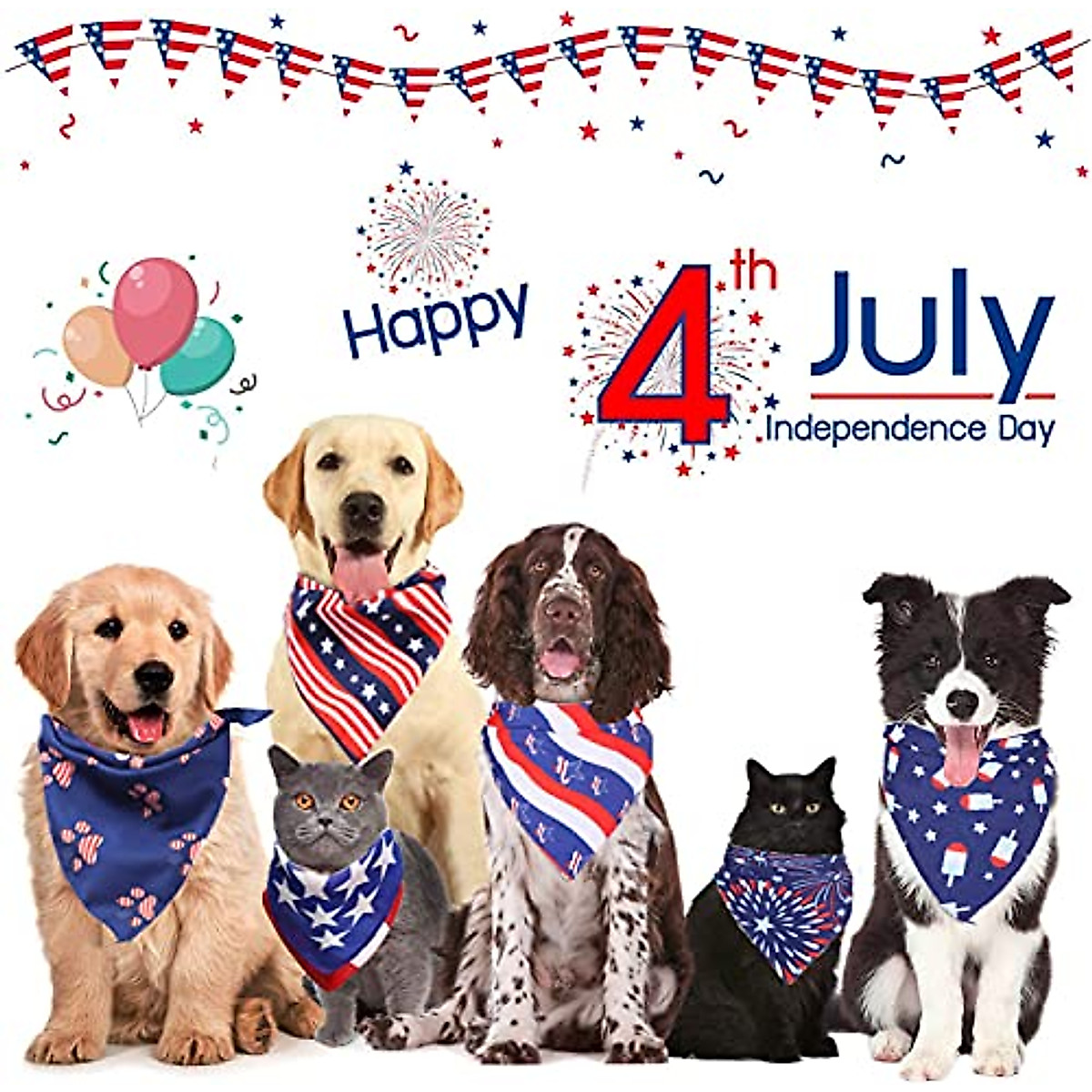 Yunison 5 Packs 4th of July Dog Bandanas Reversible Scarfts American Flag Independence Day Fireworks Pet Scarfs, Cat Bandanas for Small Medium Large Pets