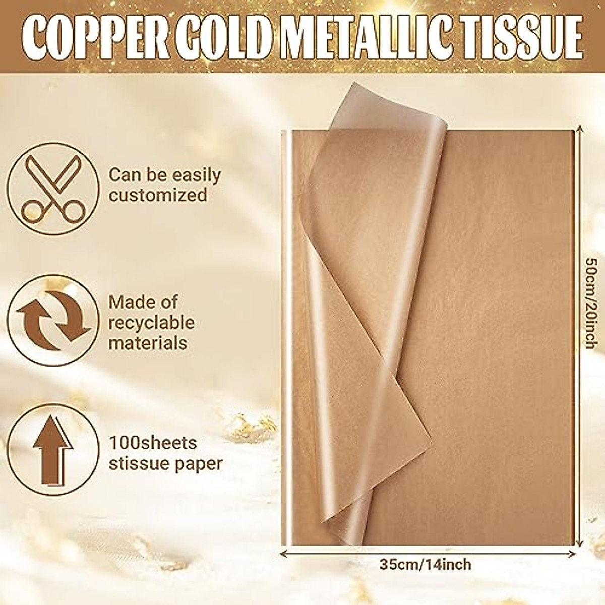 Bolsome 100 Sheets 20 * 14 Inches Metallic Copper Gold Tissue Paper for Gift Wrapping, Pearlescent Tissue Paper for Gift Bags for Birthday Party Wedding Baby Shower Bachelorette Party DIY Craft…
