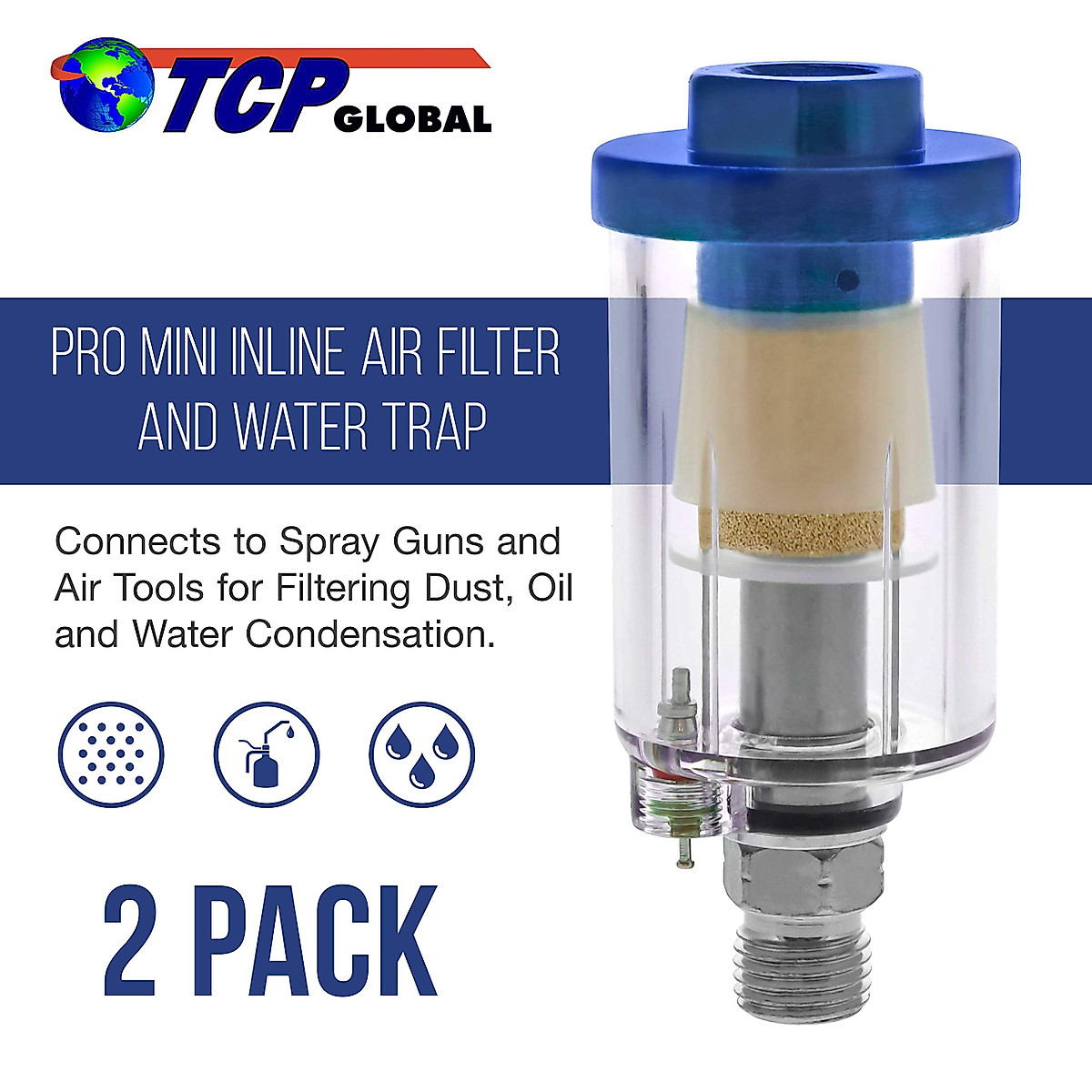 TCP Global Mini in-Line Air Filter, Oil and Water Separator (Pack of 2) - Drain Valve, Water Trap, Air Dryer, Removes Moisture, Dirt - Use on Compressor Air Line Hose, Air Tools, Paint Spray Guns