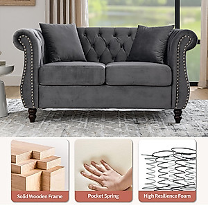 ATUMON 59" Chesterfield Loveseat Velvet Sofa for Living Room,2-Seater Sofa Tufted Couch with Two Pillows,Rolled Arms and Nailhead for Living Room, Bedroom, Office Grey
