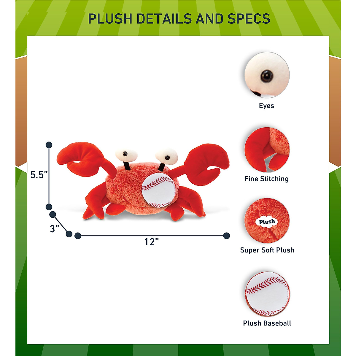 DolliBu Red Crab Stuffed Animal with Baseball Plush - Soft Huggable Red Crab, Adorable Playtime Plush Toy, Super Soft Plush Doll Animal Toy for Kids and Adults - 12 Inches