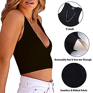 DYD Sexy Crop Tops for Women V Neck Ribbed Tank Tops Workout Seamless Racerback Top with Built in Bras Black