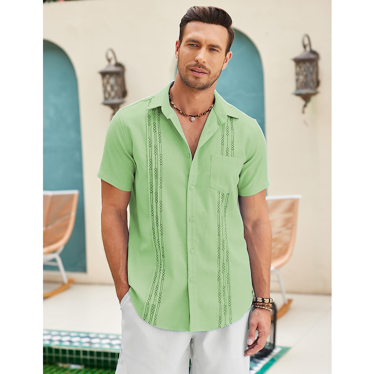 COOFANDY Mens Cuban Guayabera Shirt Linen Short Sleeve Shirts Regular Fit Summer Beachwear Light Green