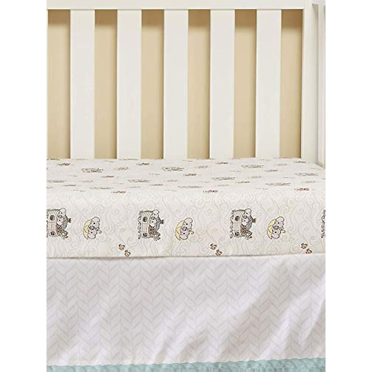 EVERYDAY KIDS Precious Moments Noah’s Ark 4 Pc Crib Bedding for Boys Nursery Set Includes Baby Bed Quilt, Fitted Sheet, Dust Ruffle and Diaper Stacker with Sweet Images of Elephants and Giraffes