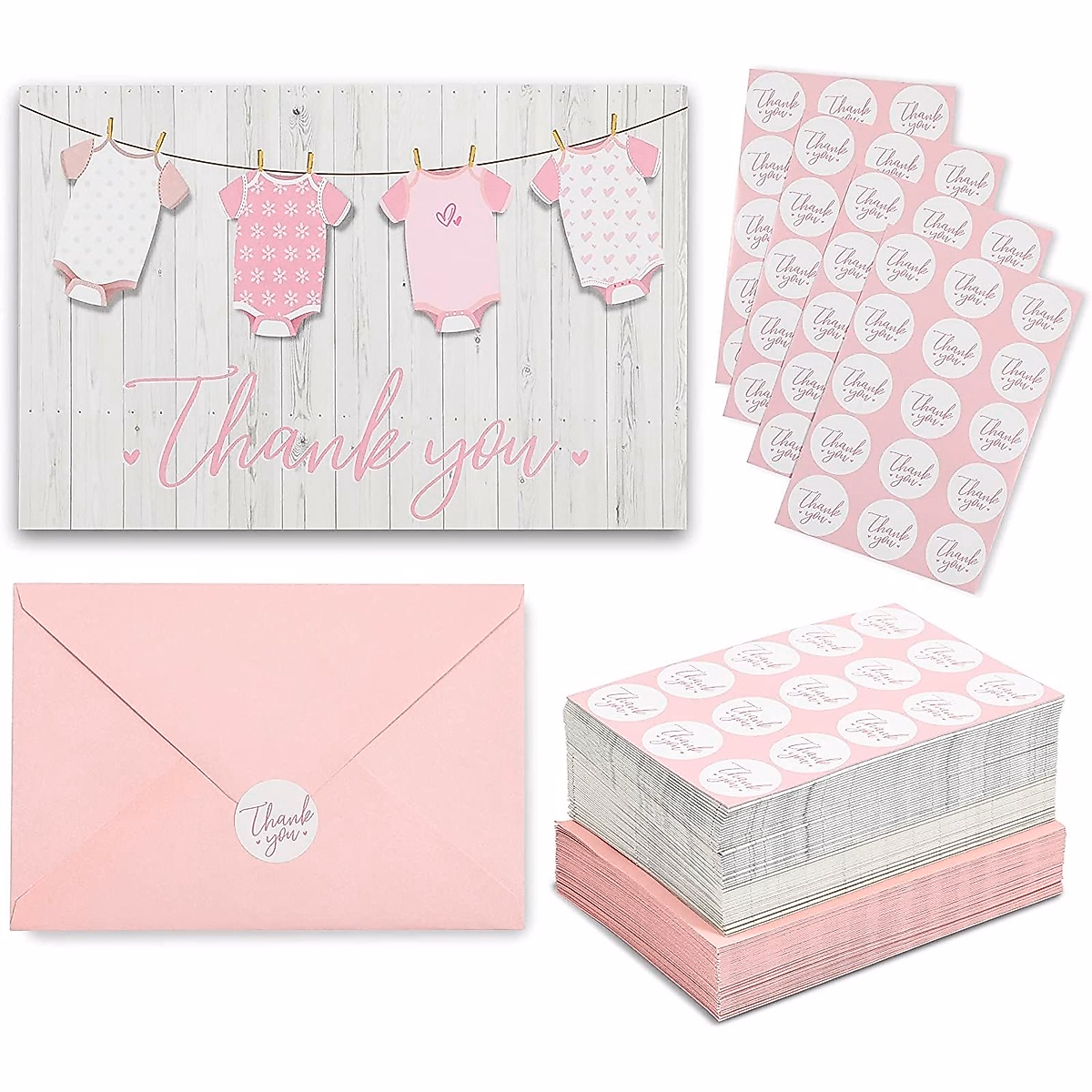 Pipilo Press 60 Pack Girl Baby Shower Thank You Cards with Envelopes and Stickers for Gender Reveal Parties (6 x 4 In)