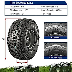 MaxAuto 2Pcs 15X6.00-6 Front Tire and wheel Assembly Replacement for Craftsman John Deere Riding Mowers, 3" Centered Hub with 3/4" Axle Bore,Dark Gray Rim