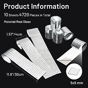 PP OPOUNT 4720 PCS Disco Ball Tiles, 5 x 5 mm Self-Adhesive Mirror Tiles for DIY Disco Balls, Mini Glass Tiles for Art Collage, Indoor Outdoor Craft Decoration(Silver)