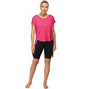 icyzone Open Back Workout Tops for Women - Athletic Activewear T-Shirts Exercise Yoga Shirts (Black/Pink Lychee, S)