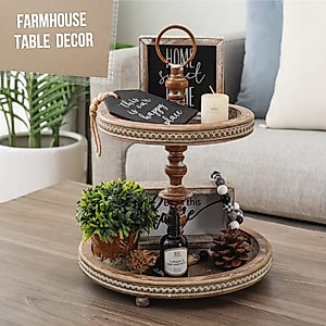 FESTWIND Two Tiered Tray Beaded- Decorative Beaded Tiered Tray - Kitchen Island Decor - Small Wooden Tiered Tray Stand for Holidays - Lovely Farmhouse Gift Rustic Brown