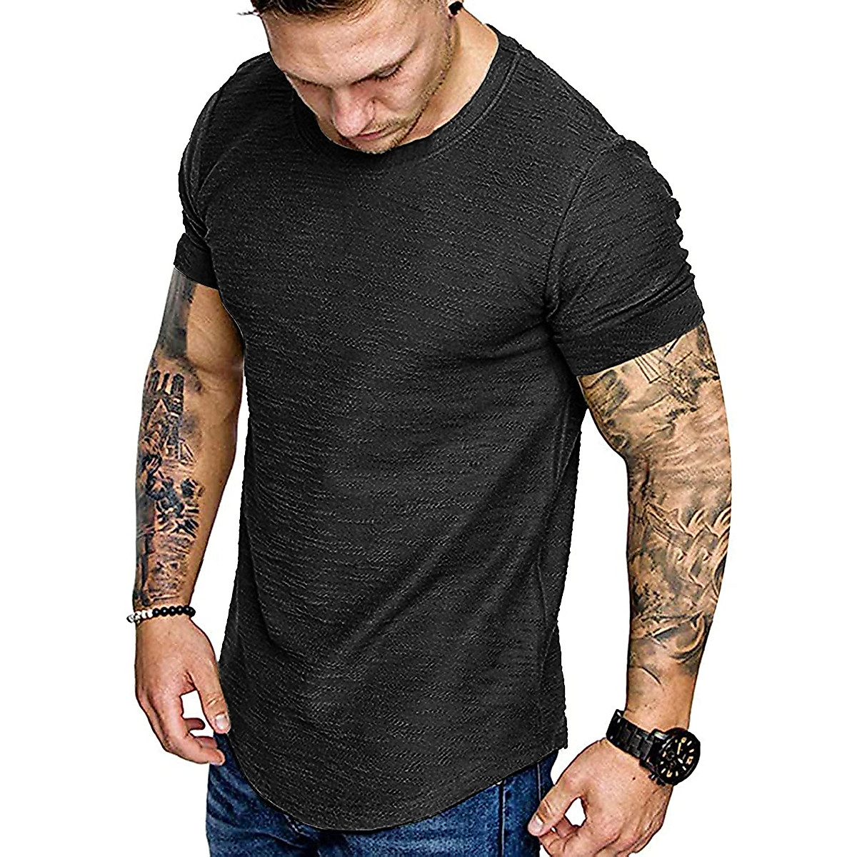 COOFANDY Men Muscle Workout T Shirt Gym Bodybuilding Active Short Sleeve Tee Top Black