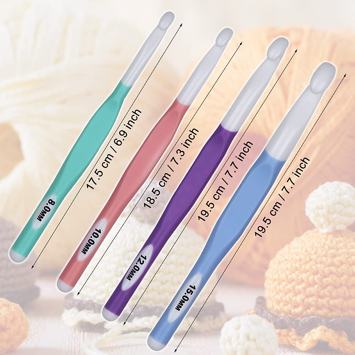 Large Sizes Crochet Hooks 4 pcs Long Crochet Needles Set QLRFFLJOY 8mm 10mm 12mm 15mm Rubber Handle Crochet Hook DIY Yarn Weaving Tools for Knitting Blankets, Shawl and Carpet