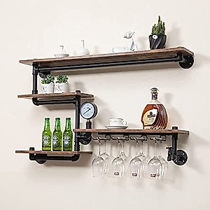 HEONITURE Industrial Pipe Shelves Wine Rack Wall Mounted with 4 Stem Glass Holder,Bar Shelves 39in Metal Hanging Wine Rack, Rustic Floating Pipe Shelf, Living Room Kitchen Decor Display Rack
