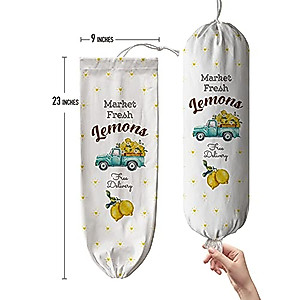 Hglian Farmhouse Grocery Plastic Bag Holder Dispenser Cute Market Fresh Lemons Buffalo Check Truck Shopping Trash bags Storage Container Organizer Lemons Kitchen Decor Yellow Blue