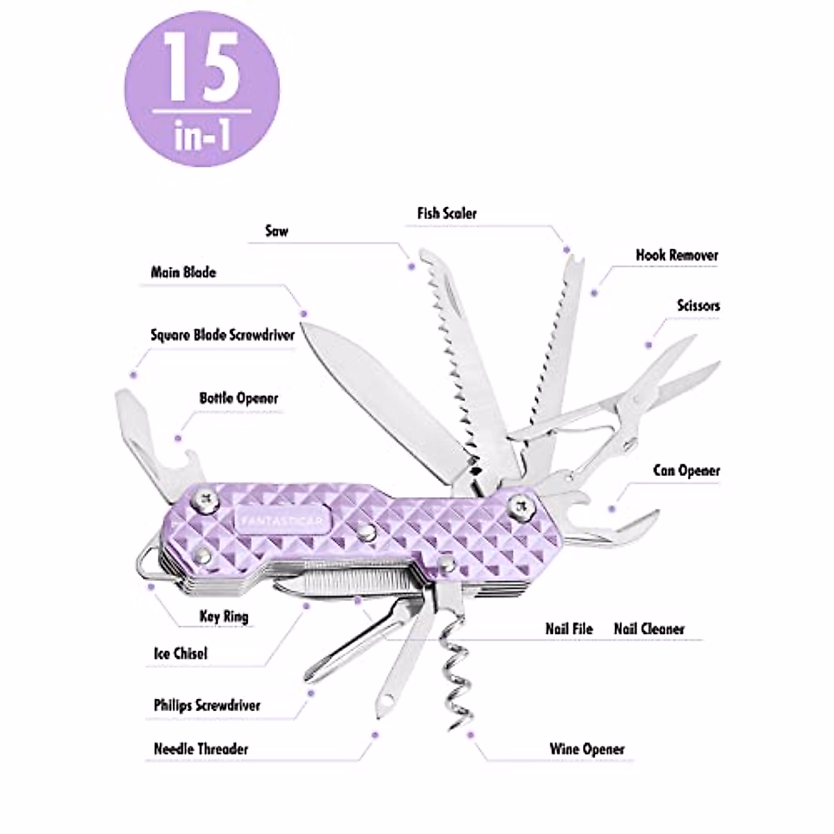 FantastiCAR 15 in 1 Multi-Tool, EDC Folding Pocket Knife with Premium Gift Box for Camping, Fishing, Hunting, Survival, or Outdoor (Purple)