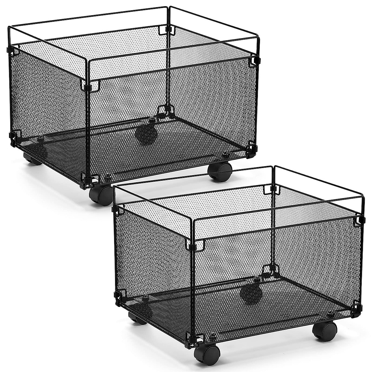 Harloon 2 Pack Mesh Metal File Crate Organizer Box with Mobile Swivel Wheels Black Rolling File Cart Storage Cart Foldable Storage Crate for Folders, Office Supplies, Black, 15" x 13" x 10"