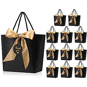 12 Pieces Bridal Gift Paper Bags with Handle for Bridesmaids, Bow Ribbon Bridal Shower Bags for Guests, with Heat Transfer Gift Tags for Anniversary Wedding Party Holiday Presents Wrapping (Black)