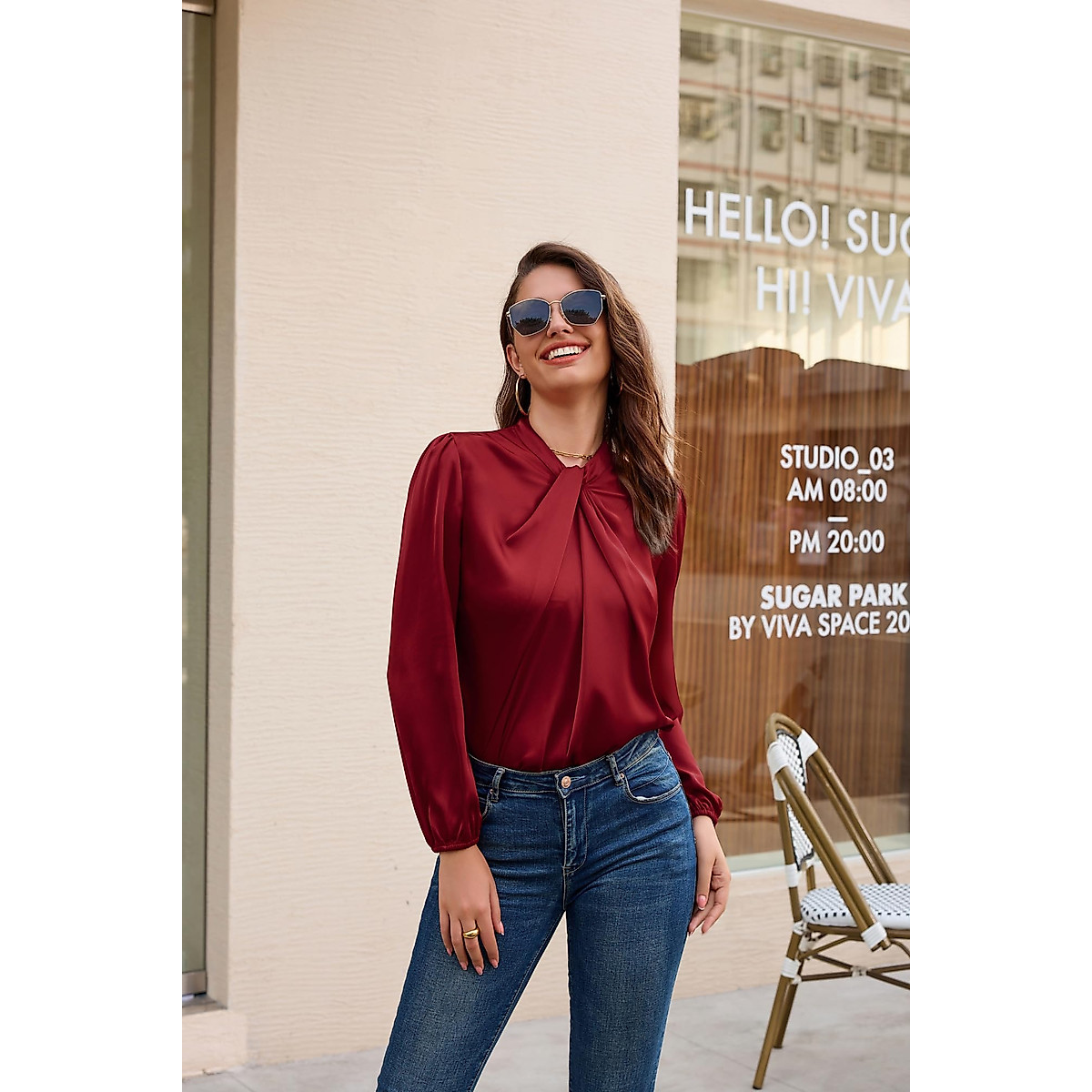 Ladies Workwear 2023 Trendy Summer Fall Mock Neck Lantern Long Sleeve Blouse Shirt Twist Front Top Wine Red XXL