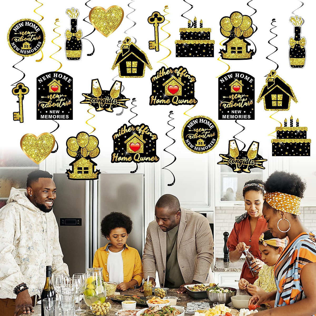 30pcs Housewarming Party Hanging Swirls Decorations, Black Gold House Warming Sign Decor, New Home Sweet Home Housewarming Theme Party Supplies