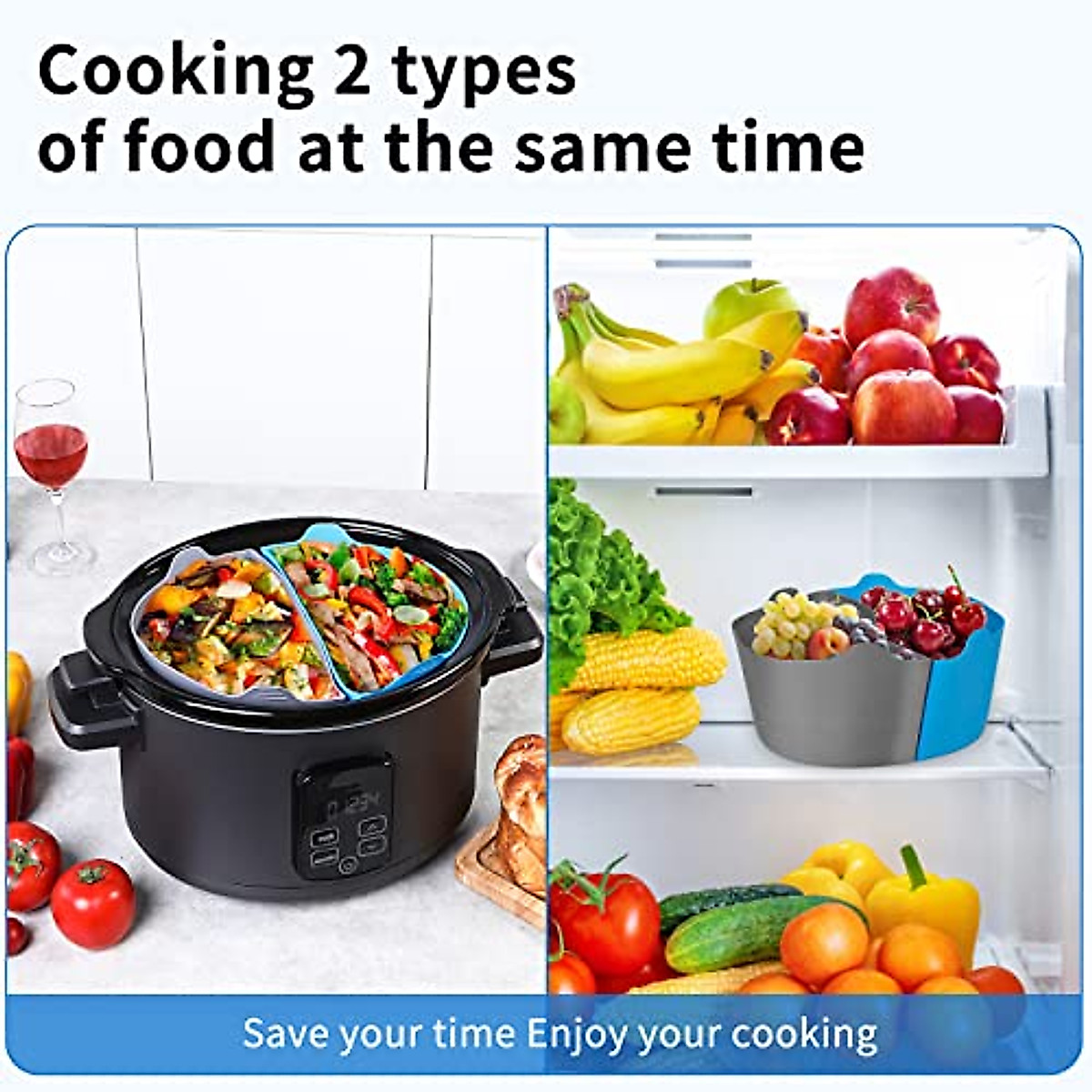 Slow Cooker Liners for Crockpot Crock Pot 6-8 QT, Reusable Silicone Slow Cooker Divider Liner large Size for 6-8 Quart Oval Slow Cooker,Crock Pot Divider Insert, Dishwasher Safe, BPA Free(Blue +Red) (Blue +Gray)