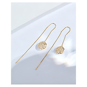 14K Gold Rose Flower Dangle Earring For Women Tassel Threading Long Chain Earrings For Women Drop Earrings For Bridesmaid