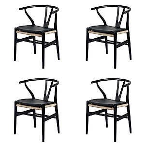 Forsho Set of 2 Solid Wood Wishbone Dining Chair with PU Soft Seat Cushion,Mid-Century Y Back Weave Dining Chair（Ash Wood - Black + Natural Cord + Cushion）