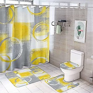 Kazynee Yellow Grey Modern 4 Piece Shower Curtain Sets, Non-Slip Rugs, Toilet Lid Cover and Bath Mat, Durable and Waterproof, for Bathroom Decor Set One Size