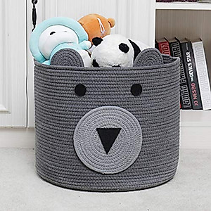 COMEMORY Cotton Rope Storage Basket with Cute Bear Design, Foldable Rope Bin Basket, Decorative Animal Basket for Toys, Blanket, Towels, Clothes, 12"(D) x 10"(H)