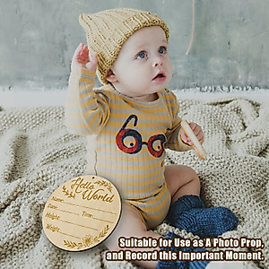 Baby Announcement Sign, 5.9 Inch Double Side Wooden Hello World Newborn Sign Baby Birth Announcement Sign Round Name Plaque with Ink Pad for Hospital Baby Nursery Photo Props