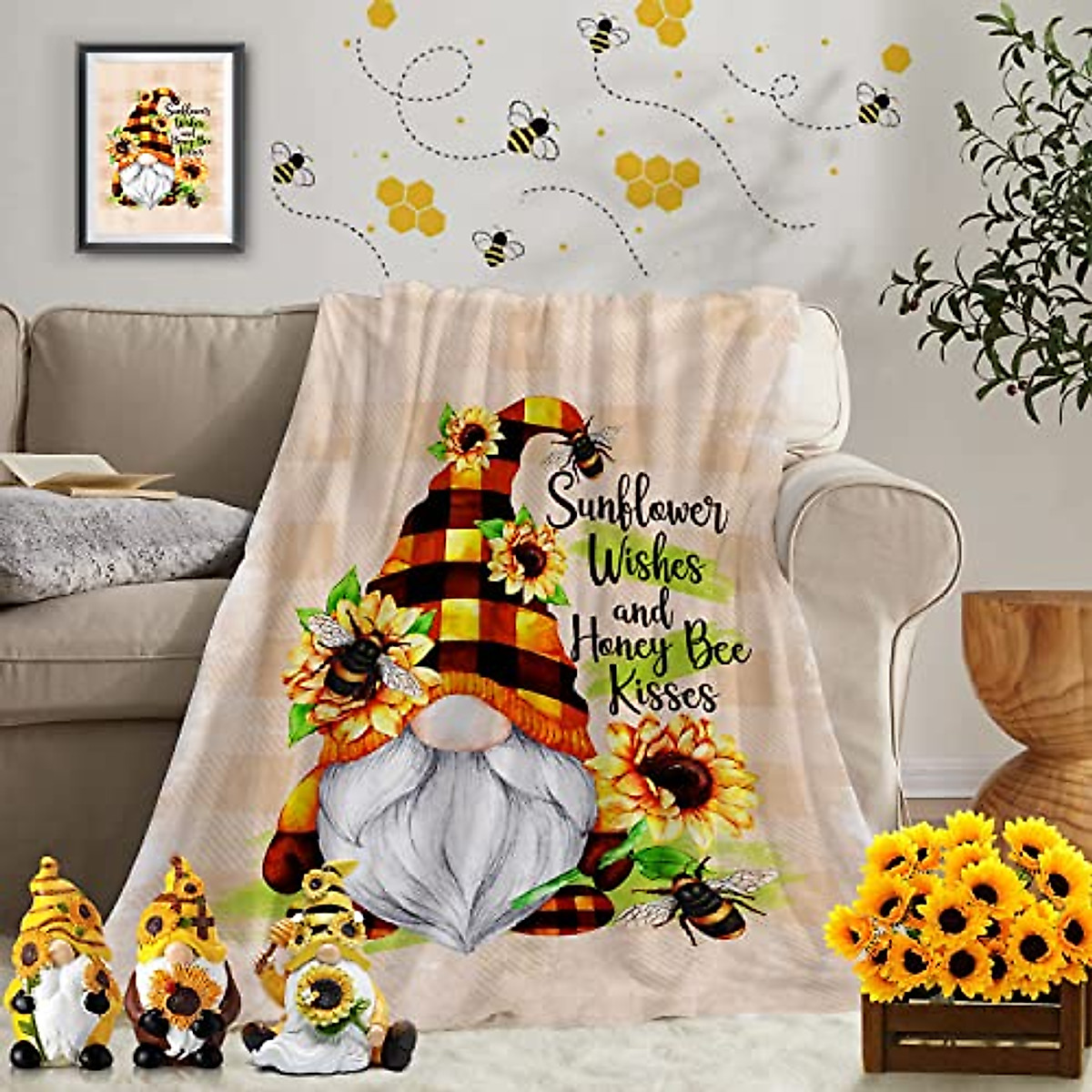 tiosggd Gnomes Blanket Gnome Gifts for Women Kids, Sunflower Wishes Positive Words Blanket Bedding Quilt Flannel Plush Super Soft Bed Throw All Season Blanket for Couch Sofa 60''x50''