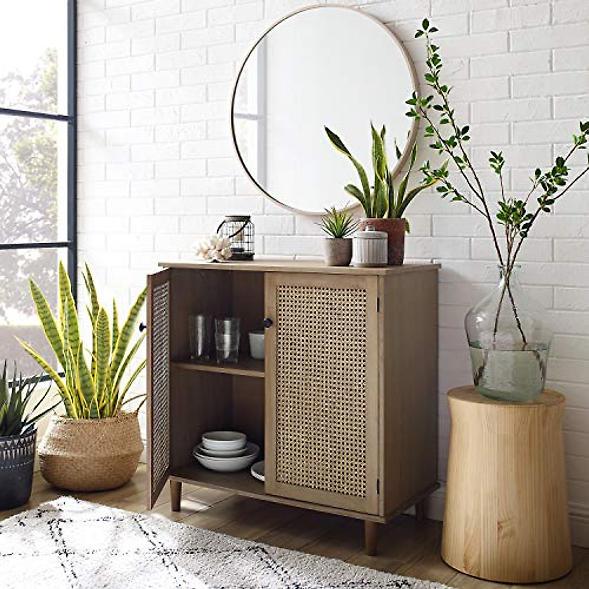 Volans Set of 2 Accent Storage Cabinet with Woven Rattan Wicker Doors, Sideboard Buffet Cabinet for Entryway, Hallway or Living Room, Rubber Wood Veneer