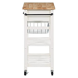 OS Home and Office Furniture Model HMPNW-11 Hampton Kitchen Cart in White with Solid Rubberwood Top