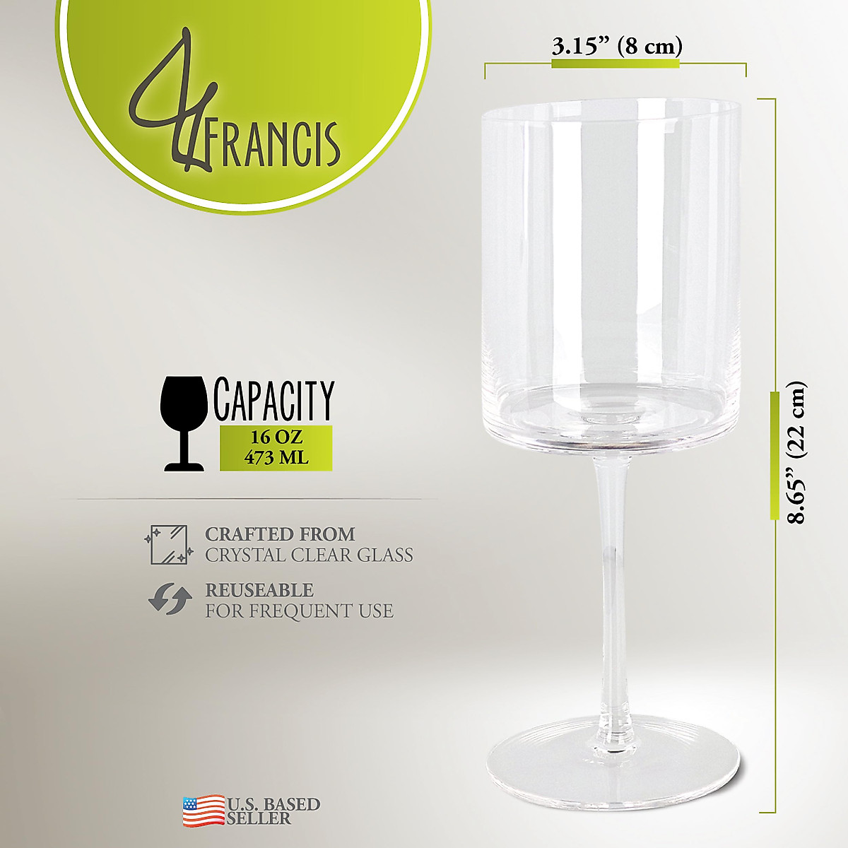 G Francis Square Wine Glasses Set of 4 - Unique 16oz Flat Bottom Wine Glasses with Stem - Handmade Cylinder Stemware for Red or White Wine - Modern Bar Drinkware for Entertaining