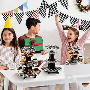 3 Sets Race Car Party Decorations 3 Tier Round Cardboard Cupcake Stand for Racing Cars Birthday Party Supplies 100 Checkered Baking Cups Liners 100 Race Car Flag Black and White Fast Party Decorations