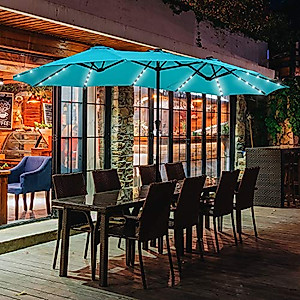 15Ft Lighted Patio Umbrella Extra Large Double Sided Market Table Umbrella with Lights & Crank Blue