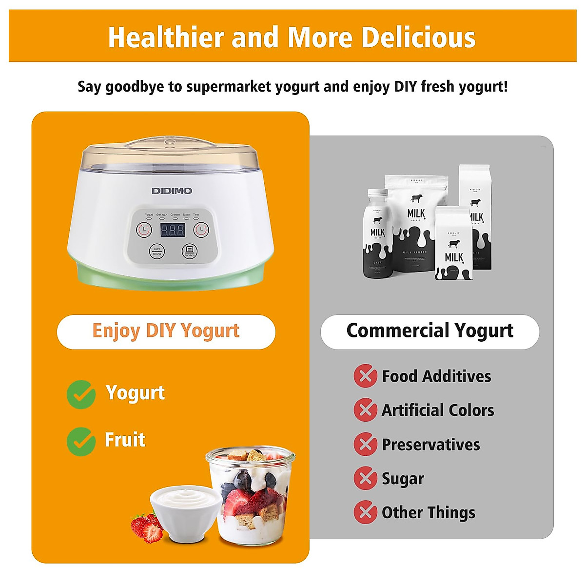 Yogurt Maker, Greek Yogurt Maker with Timer Control and Strainer, Yogurt Maker Machine with Stainless Steel Liner, Electric Portable Yogurt Maker for Yogurt, Greek Yogurt, Cheese, Natto (White)