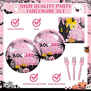 Fiesec Happy Boo Day Party Supplies Tableware Set, Pink Halloween Party Decorations for Girl, Trick or Treat Pumpkin Ghost Face Plates, Napkins, Forks, Serves 24 Guests