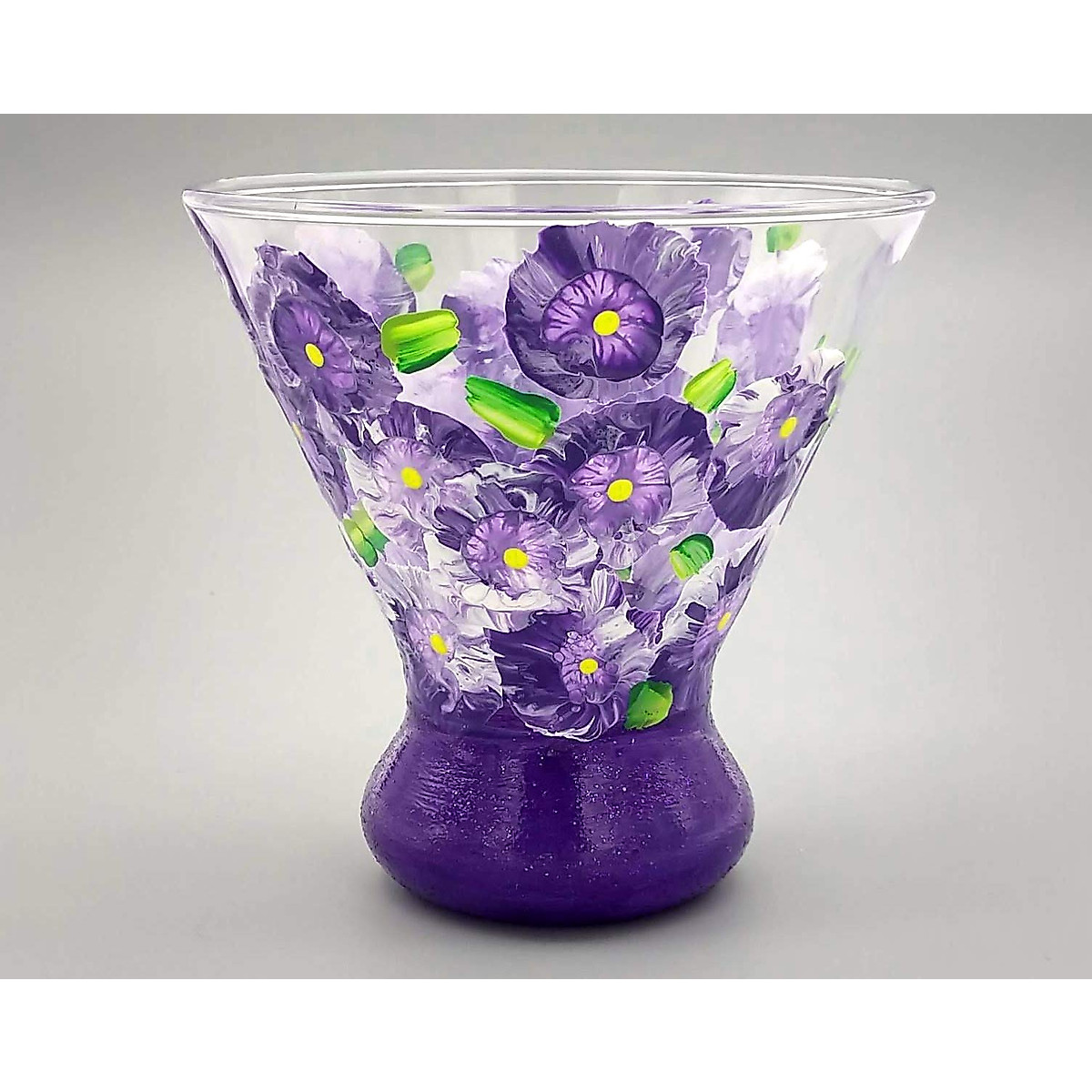Purple Flower Hand Painted Martini Glass - Sparkly Purple, Pretty Flowers Stemless Cocktail Glass