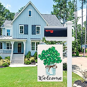 Welcome Green Lucky Shamrocks St Patricks Day Garden Flag 12x18 Inch Double Sided Burlap, Seasonal Sign Yard Outdoor Decorations DF187