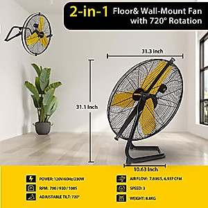 VENTISOL 24 Inch 2-in-1 High Velocity Floor or Wall Mounted Fan 6,937 CFM Orbital Metal Fan with 720° Tilting,3-Speed for Commercial,Residential,Industrial,Factory.Garage,Greenhouse,Basement