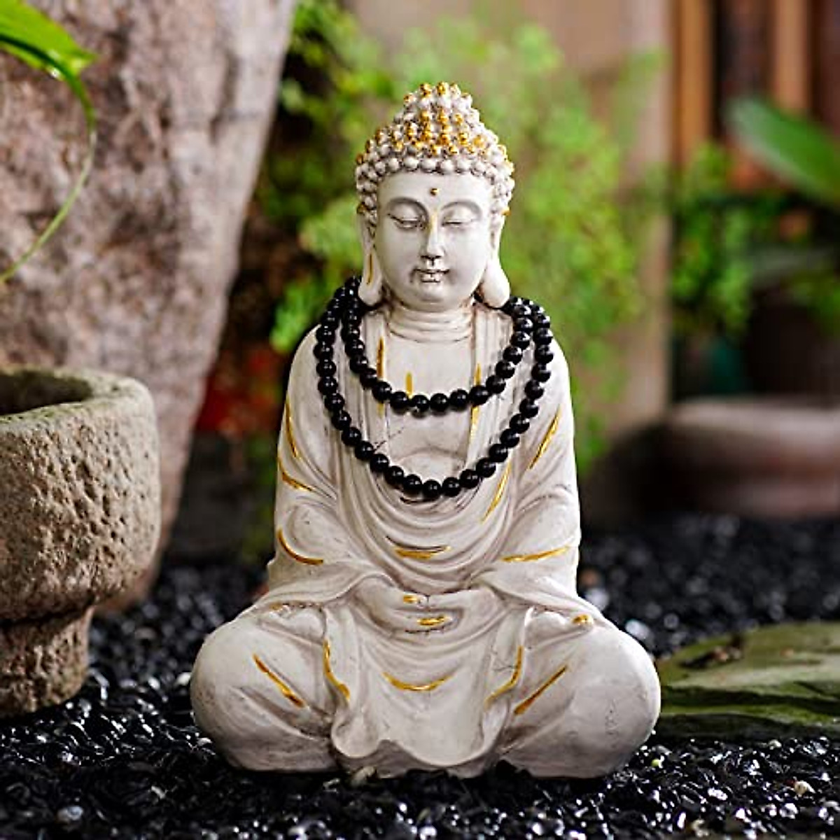 Goodeco 11.4 Meditating Zen Buddha Statue Figurine Sculpture - Indoor/Outdoor Decor for Home,Garden,with Natural Wood Beaded Necklace,Polyresin (White Gold)